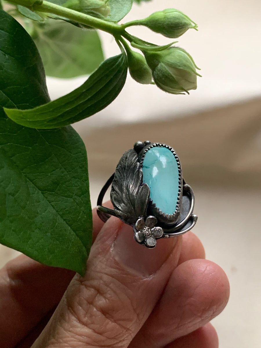 Turquoise Ring -Yarrow Blossom & Fern- – Dancing Leaf Design