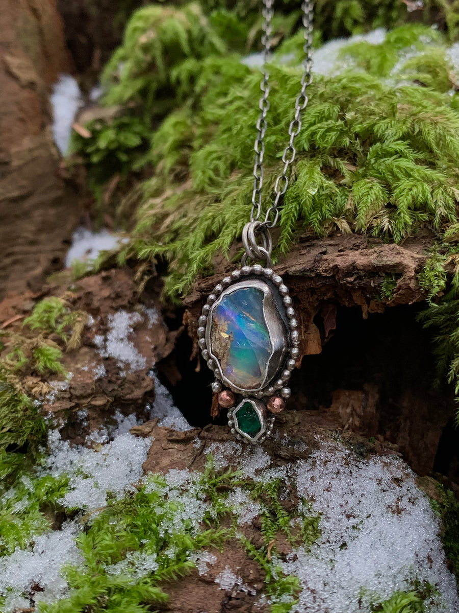 Opal & Emerald Necklace – Dancing Leaf Design
